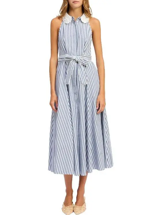 EN SAISON Clara Stripe Sleeveless Midi Shirtdress - Sky Navy Ivory