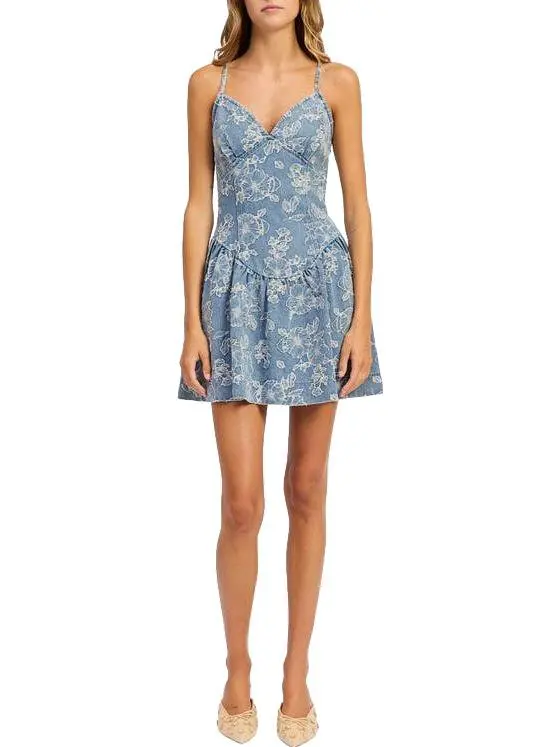 EN SAISON Opal Floral Appliqué Denim Minidress - Medium Wash Denim