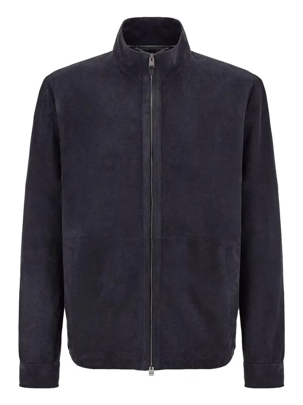 Canali Suede Jacket With Stand Collar - Blue