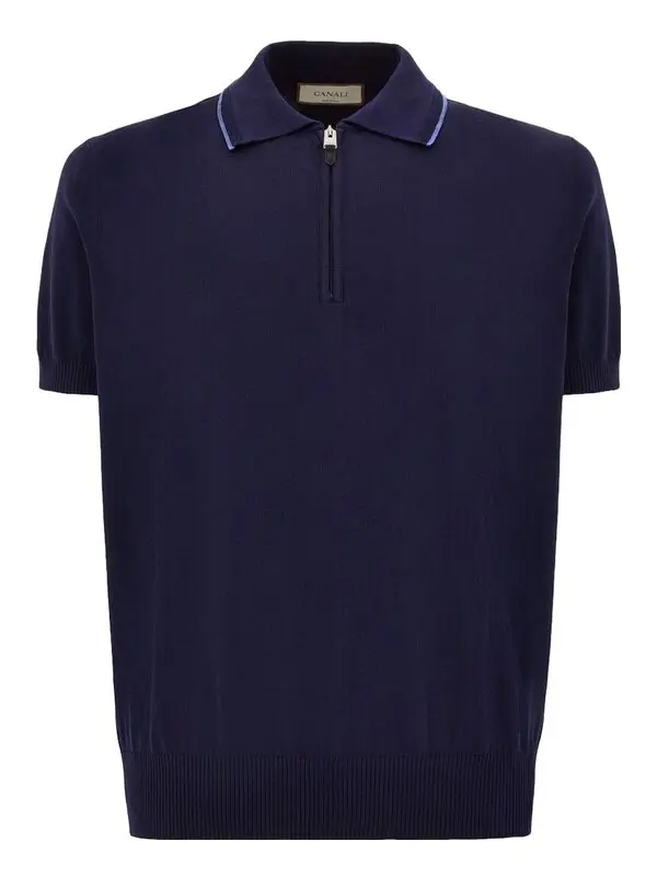 Canali Giza Cotton Polo Shirt With Zipper And Contrasting Piping - Blue