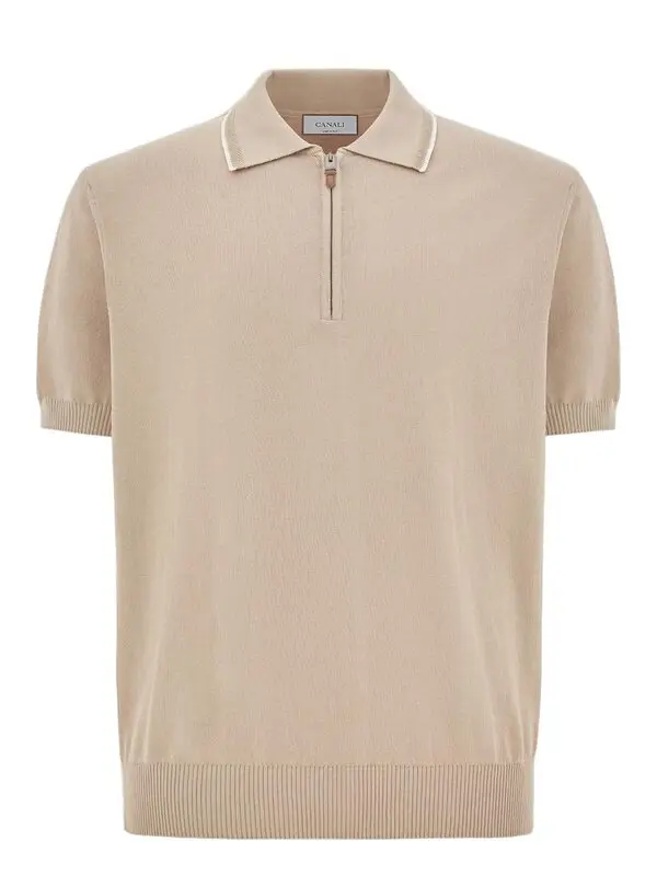 Canali Giza Cotton Polo Shirt With Zipper And Contrasting Piping - Beige