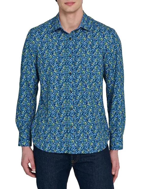 CON.STRUCT Slim Fit Budding Floral Performance Long Sleeve Shirt - Navy/yellow