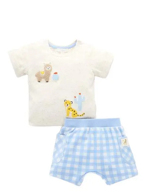 PUREBABY Gingham Short And Tee Set - Caribbean Gingham