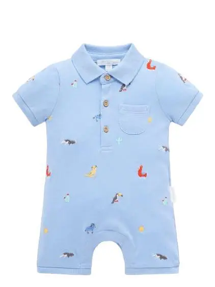 PUREBABY Embroidered Polo Romper - Animal Fiesta Broderie
