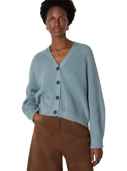 Whistles Cotton V-neck Cardigan - Blue