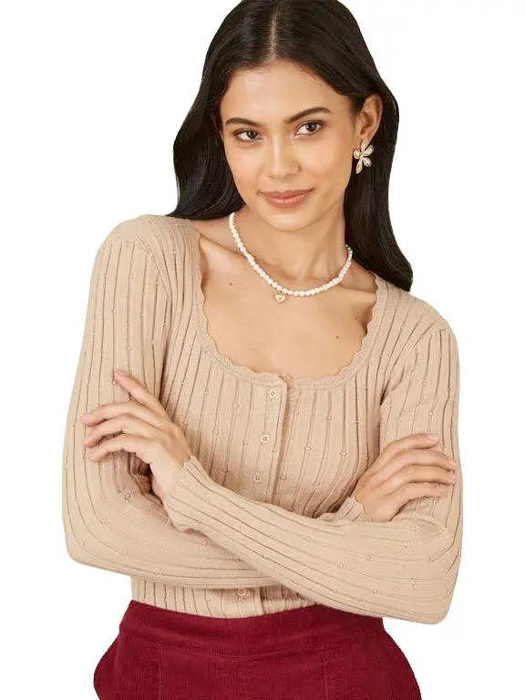 YUMI Fitted Ribbed Knit Cardigan - Oatmeal