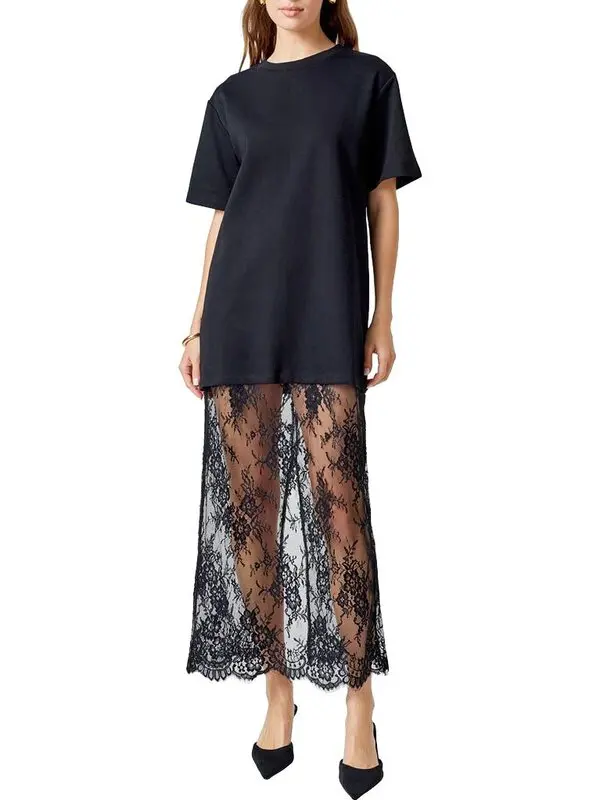 Endless Rose Mixed Media Cotton Knit & Lace T-shirt Dress - Black