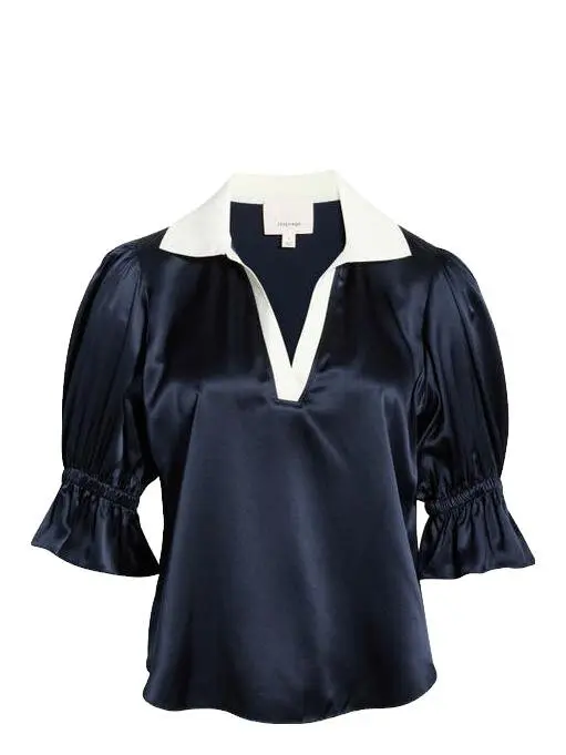 Cinq À Sept Freida Silk Johnny Collar Top - Navy/ivory