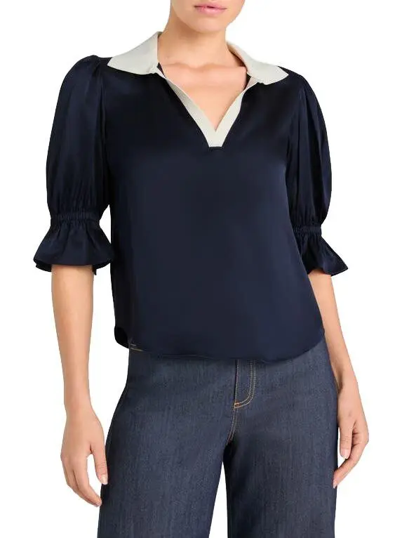 Cinq À Sept Silk Johnny Collar Top - Navy/ivory