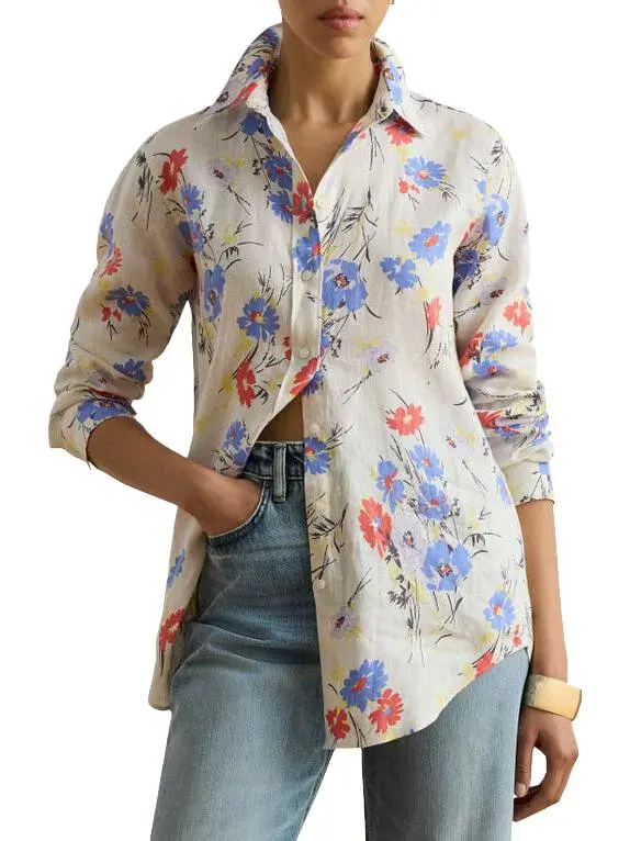 Ralph Lauren Karrie Relaxed Fit Floral Linen Button-up Shirt - Cream Multi