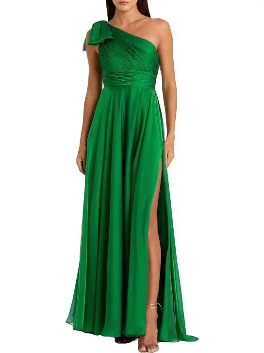 Mac Duggal Pleated One Shoulder Chiffon Gown - Emerald