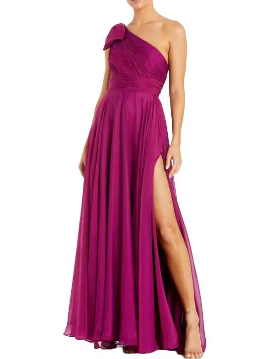Mac Duggal Pleated One Shoulder Chiffon Gown - Raspberry