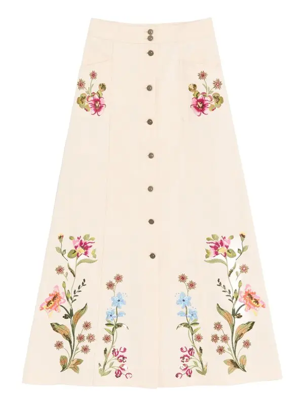 Valentino Garavani Denim Embroidered Maxi Skirt - Ivory