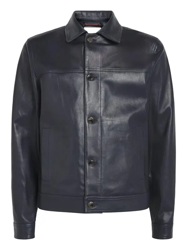 Jacob Cohen Leather Trucker Jacket - Navy