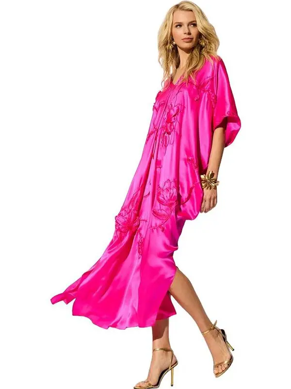Natori Couture Mokuren Embroidered Silk Caftan - Pink