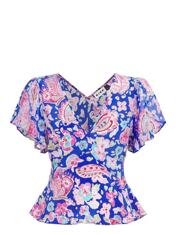 Rixo Silk Floral Lania Blouse - Blue