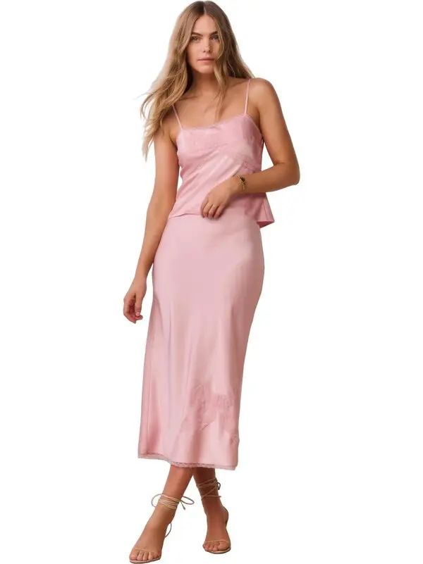 LoveShackFancy Vallis Lace Bow Satin Maxi Skirt - Potpourri Pink