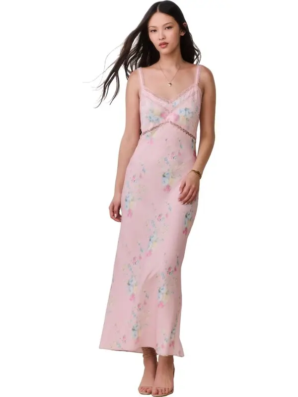 LoveShackFancy Annabeth Satin Floral Maxi Slip Dress - Rosy Trellis