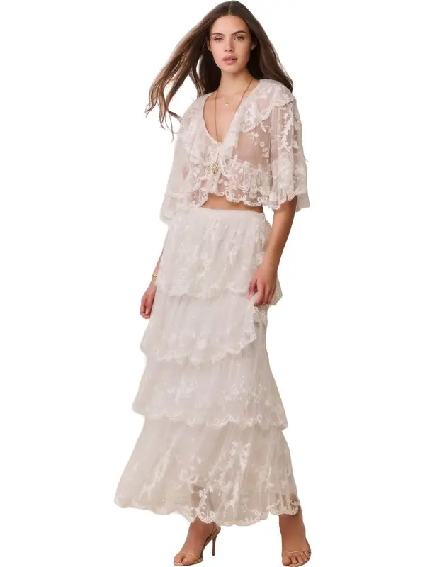 LoveShackFancy Celesa Embroidered Mesh Tiered Maxi Skirt - Ivory