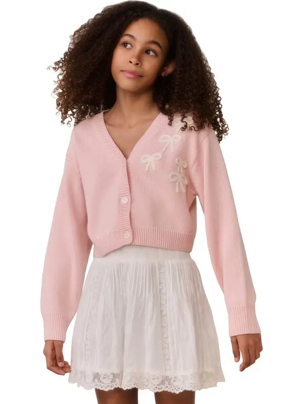 LoveShackFancy Tween Jayne Bow Embroidered Cardigan - Petal Meringue