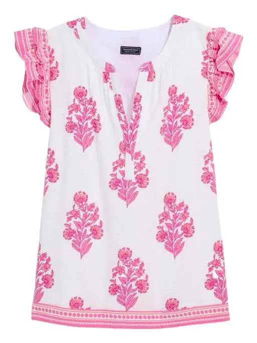 Vineyard Vines Adare Floral Double Ruffle Sleeve Top - Floral White Cap