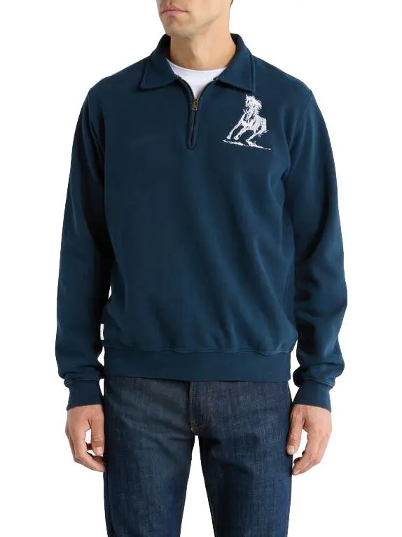 ONE OF THESE DAYS Running Horse Quarter Zip Graphic Fleece Sweatshirt - Navy