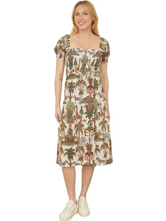 YUMI Cotton Safari Print Ruched Midi Dress - Multi