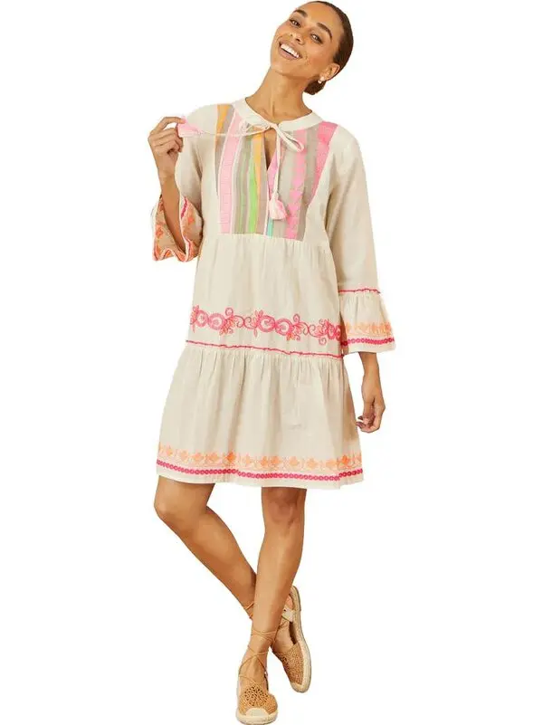 YUMI Embroidered Cotton Tunic Dress - Beige