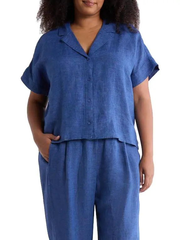 Eileen Fisher Notch Collar Organic Linen Button-up Shirt - Deep Dive