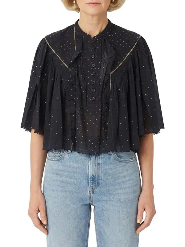 Isabel Marant Étoile Polka Dot Cotton Top With Pussybow Collar - Black