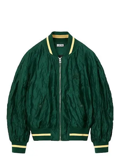 Loewe Crinkled-texture Striped-trim Woven Bomber Jacket - Dark Green