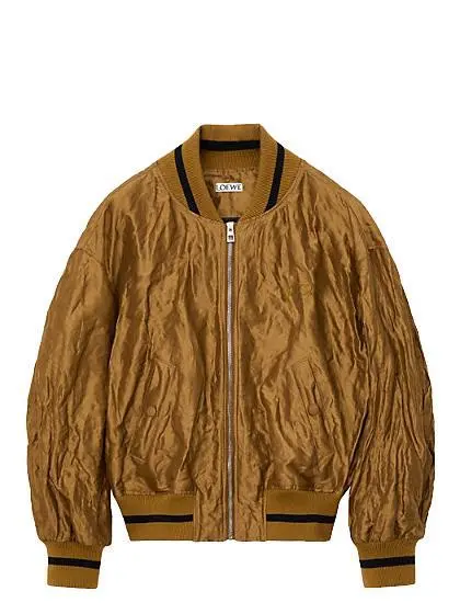Loewe Crinkled-texture Striped-trim Woven Bomber Jacket - Toffee