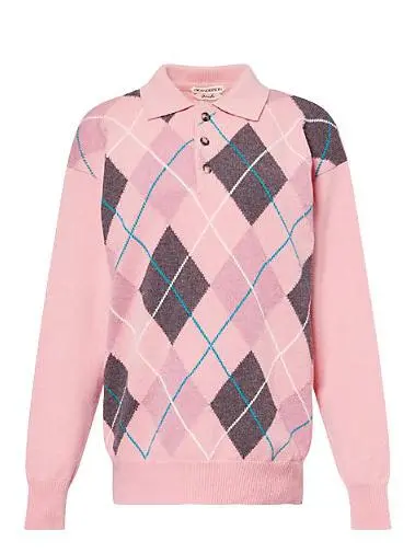 JW Anderson X Pringle Argyle Knitted Wool Polo Jumper - Bubblegum