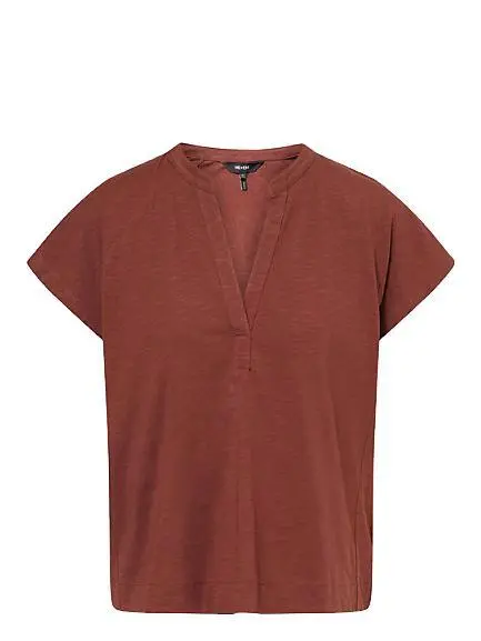 ME+EM Open Placket Short-sleeve Cotton Top - Cinnamon Brown