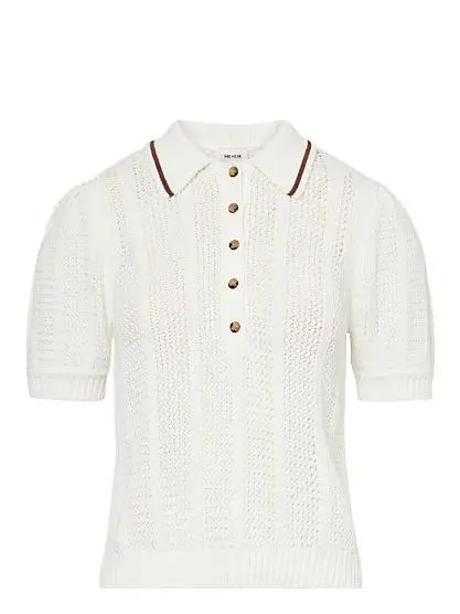 ME+EM Puff-sleeve Pointelle-knit Cotton Top - Cream/walnut Brown