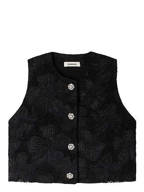 Sandro Cropped Flower-embroidered Woven Top - Black