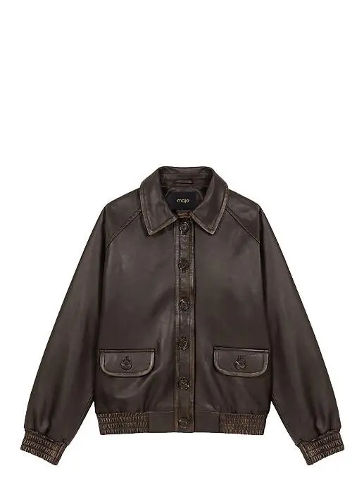 Maje Button-up Cropped Leather Jacket - Brown