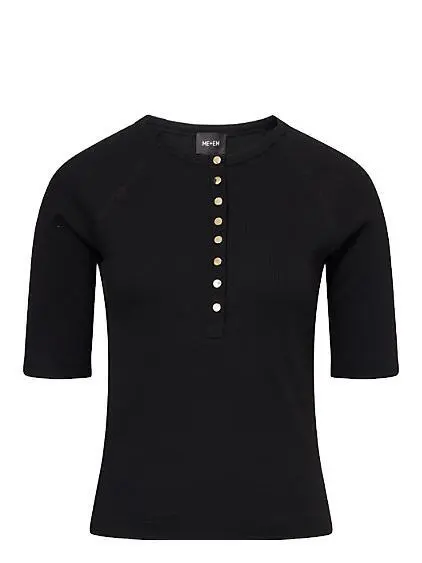 ME+EM Half-sleeve Ribbed Stretch-cotton Henley Top - Black