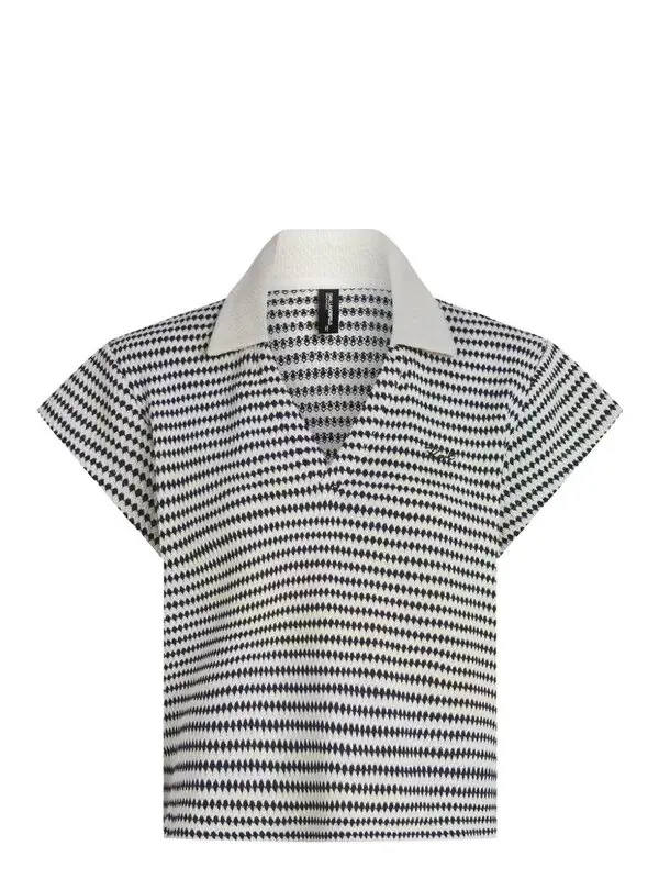 Karl Lagerfeld Sheer Crochet Striped Polo Top - White