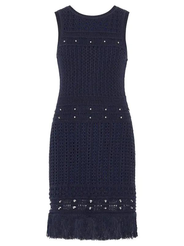 MILLY Beaded Fringe Knit Shell Mini Dress - Navy
