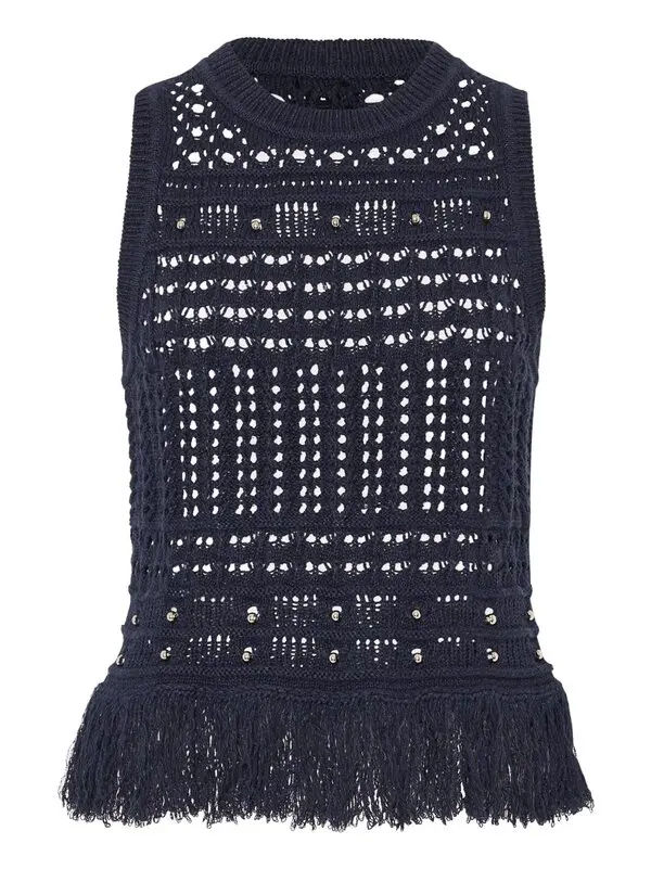 MILLY Beaded Fringe Sleeveless Top - Navy
