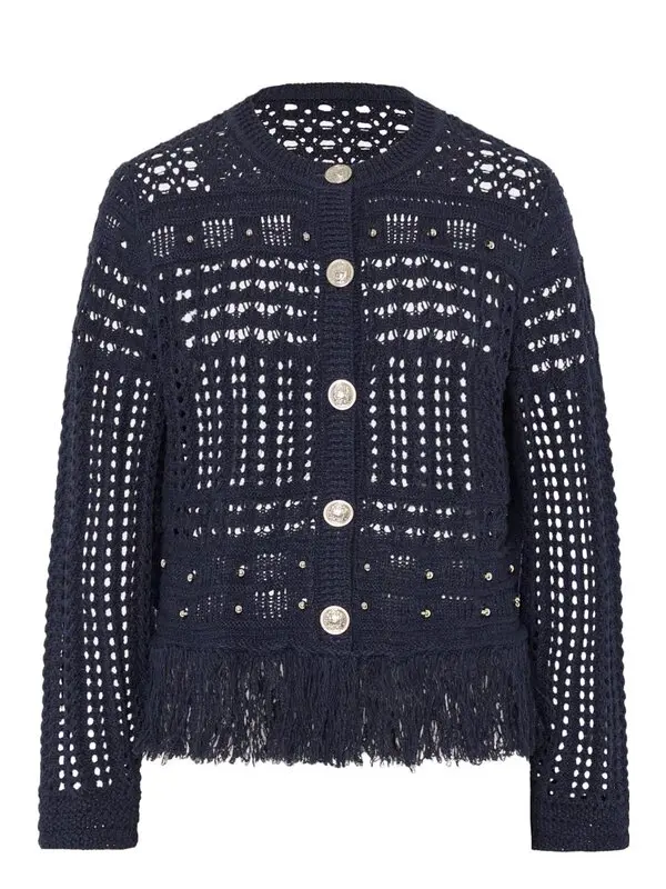 MILLY Beaded Fringe Crewneck Cardigan Jacket - Navy