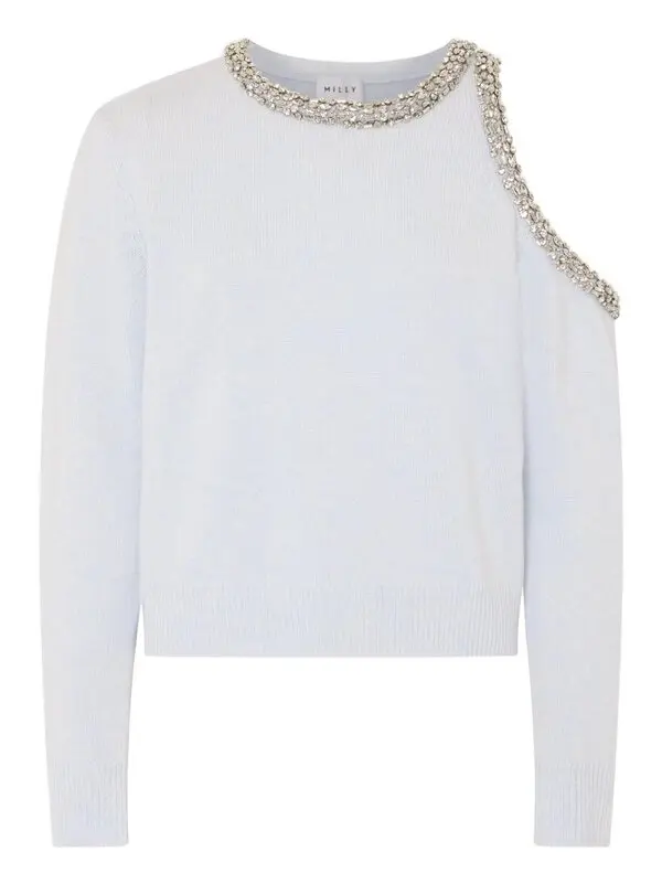 MILLY Roma Crystal Embellished Long Sleeve Sweater - Light Blue Melange