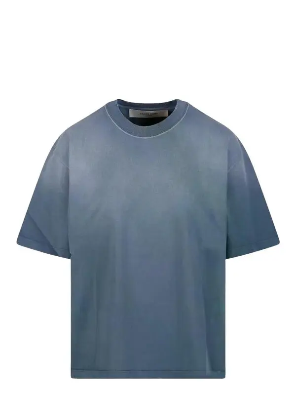 GOLDEN GOOSE Distressed Cotton T-shirt With Raised Logo - Blue