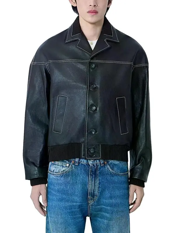 WALES BONNER Ribbed Trims Notched Leather Jacket - Brown
