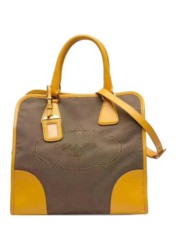 Prada Saffiano Trimmed Canapa Logo Satchel - Brown