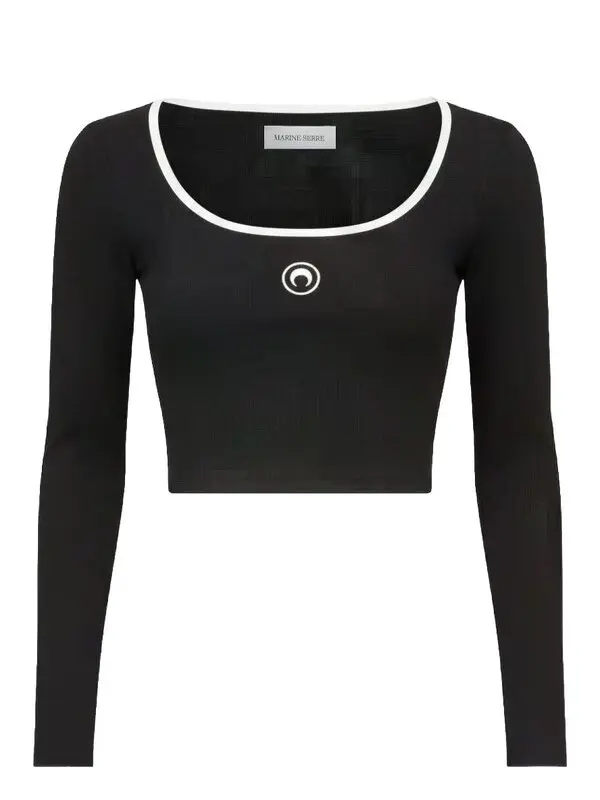 MARINE SERRE Logo Detail Ribbed Long Sleeve Top - Black