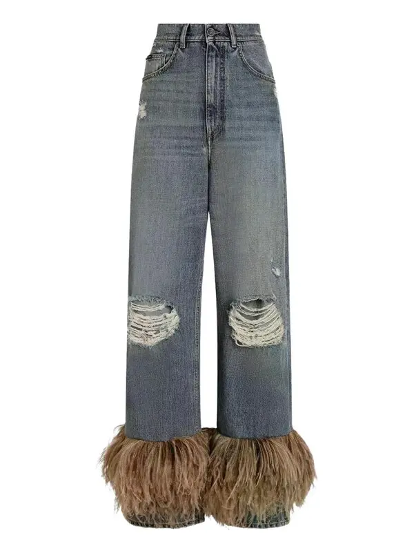 Dolce & Gabbana Distressed Feather Trim Jeans - Blue