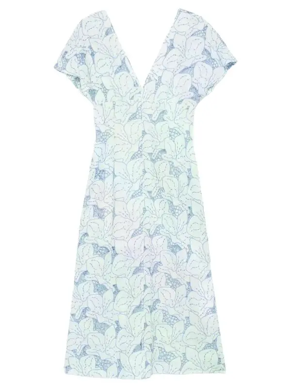 GENNY Embroidered V-neck Midi Dress - Blue