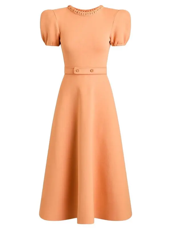 Scanlan Theodore Crepe Knit Gathered Sleeve A-line Dress - Peche